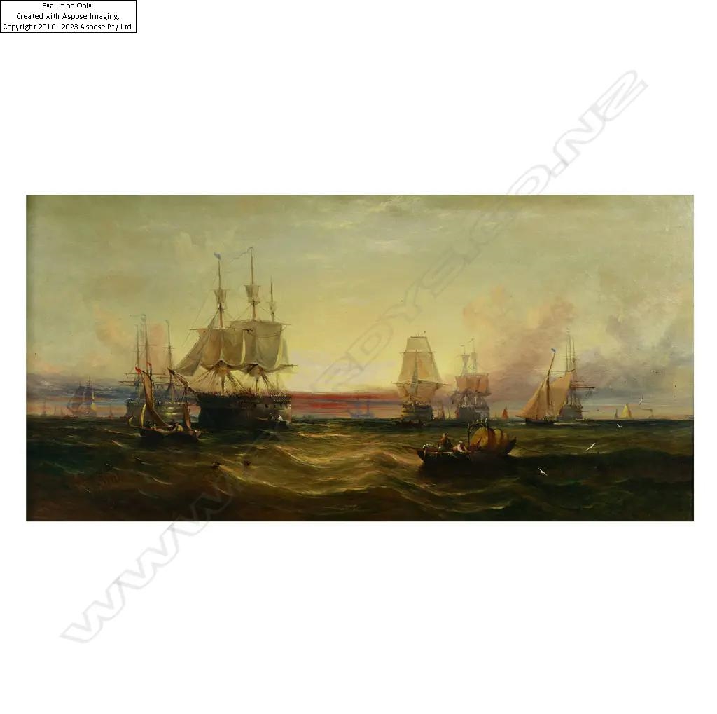 William Calcott Knell | Sunset - A Line of Battleships at Anchor off ...