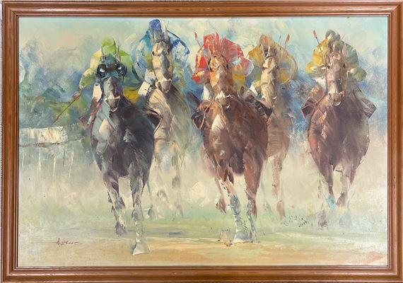 Antony Deccio | A large 1970's oil on canvas of a horse race by Antony ...