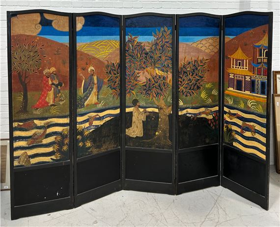 Mughal School | A LARGE MUGHAL PAINTED FIVE FOLD FLOOR SCREEN DEPICTING ...