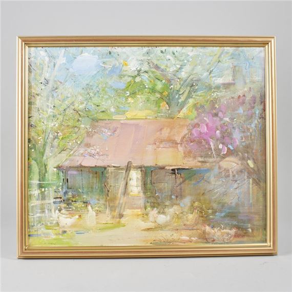 Ivar Bengtsen | Sweden. Blommante trädgård och höns. Signed. Oil on ...