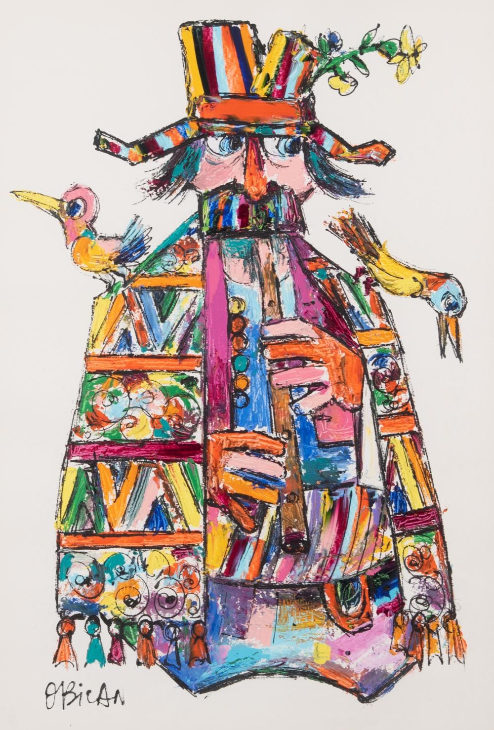 Jovan Obican | Man with Birds Playing a Flute | MutualArt
