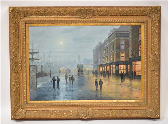 Michael Matthews | moonlit dock scene with masted vessels and sailors ...