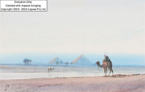 Otto Sholtz | Camels watering with the pyramids beyond | MutualArt