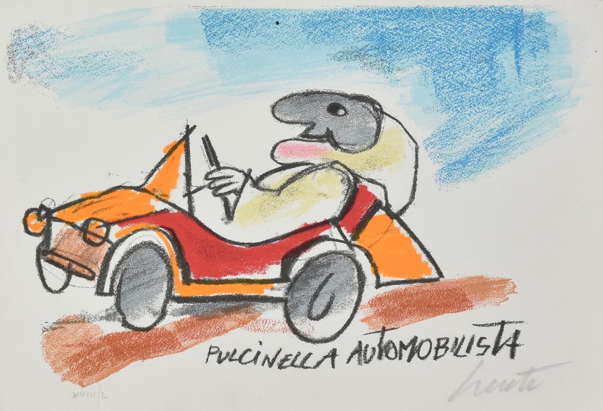 Emanuele Luzzati | PULCINELLA AUTOMOBILISTA litografia | MutualArt