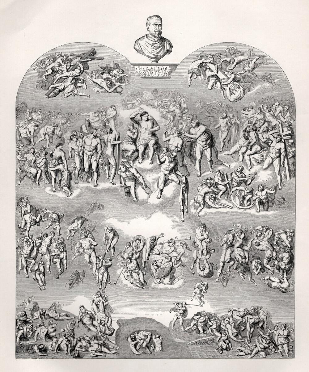 Michelangelo | 1800s Michelangelo Religious Engraving The Last Judgment ...