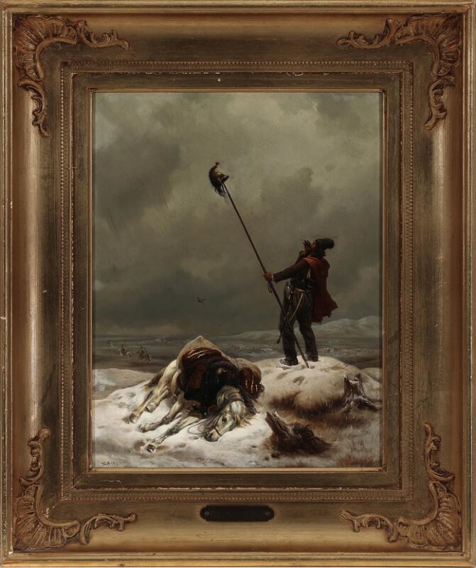 Niels Simonsen | Winter landscape with a soldier standing by his dead ...