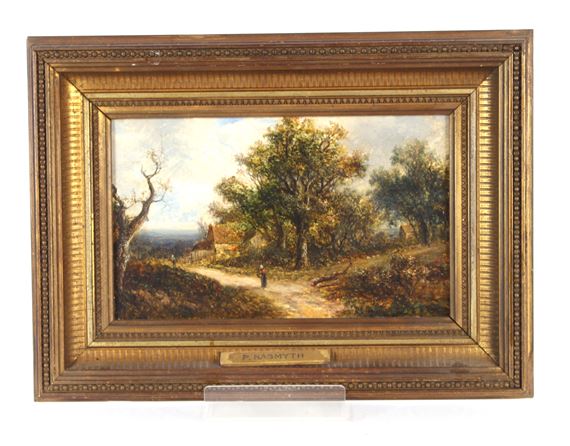 Patrick Nasmyth | study of figures on a country woodland path by cottages | MutualArt