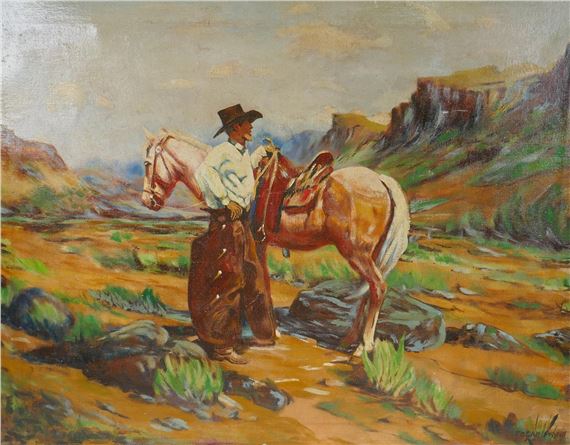 Edgar Alwin Payne | Cowboy and horse in a canyon | MutualArt