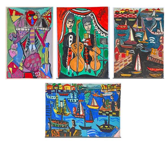 Hasan Kaptan | 2 Harbor Scenes, Cellist & Mothman (1949) | MutualArt