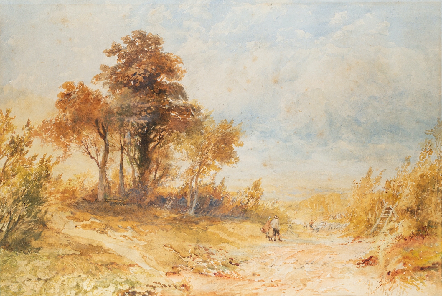 Albert Pollitt | A shepherd with his flock and a couple walking along a ...