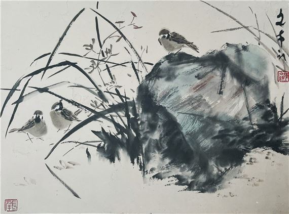 Chen Wen Hsi | Three Sparrows by The Rock, circa 1970’s | MutualArt