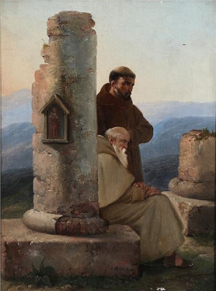Christian Andreas Schleisner | Two monks resting by a ruin | MutualArt