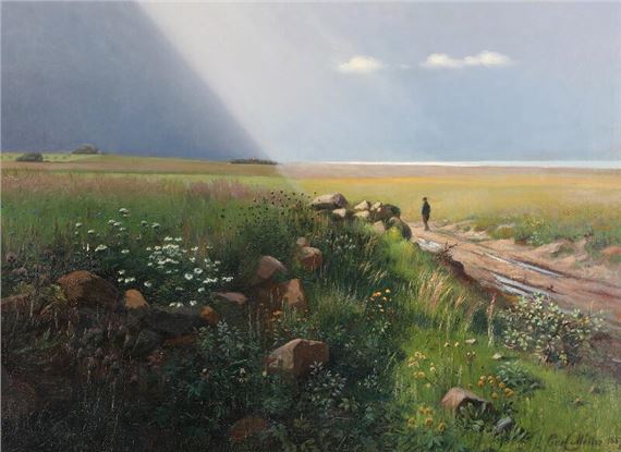 Carl Møller | Landscape at summertime with a boy on a country road ...