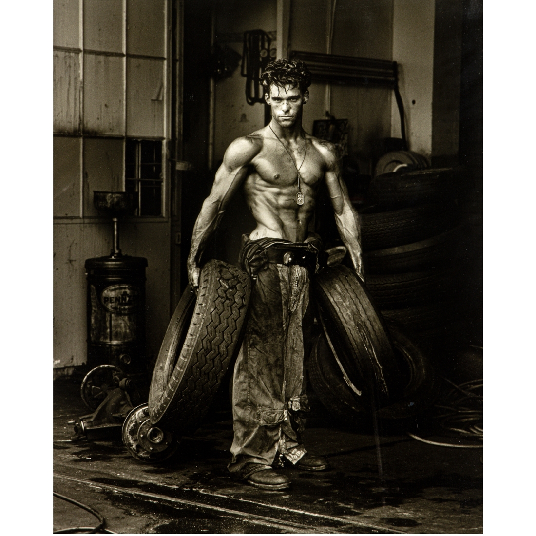 Herb Ritts | Fred with Tires, The Body Shop, Los Angeles, | MutualArt