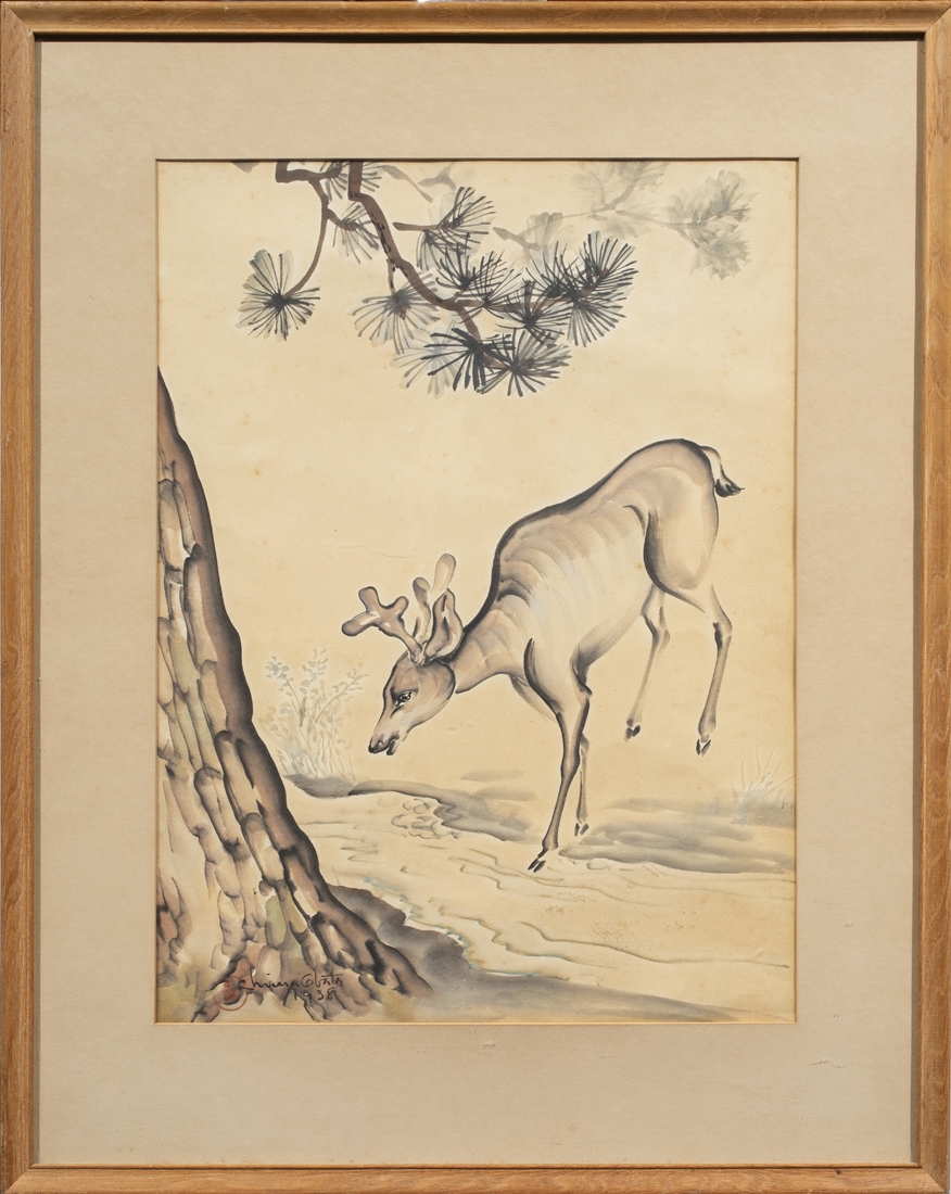 Chiura Obata | Chiura Obata (1885-1975) - Deer and Pine (1938) | MutualArt
