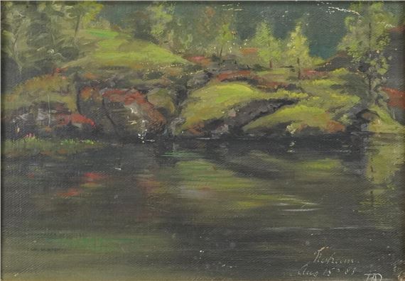 Hans Dahl | Rocks beside a lake (Late 19th Century) | MutualArt