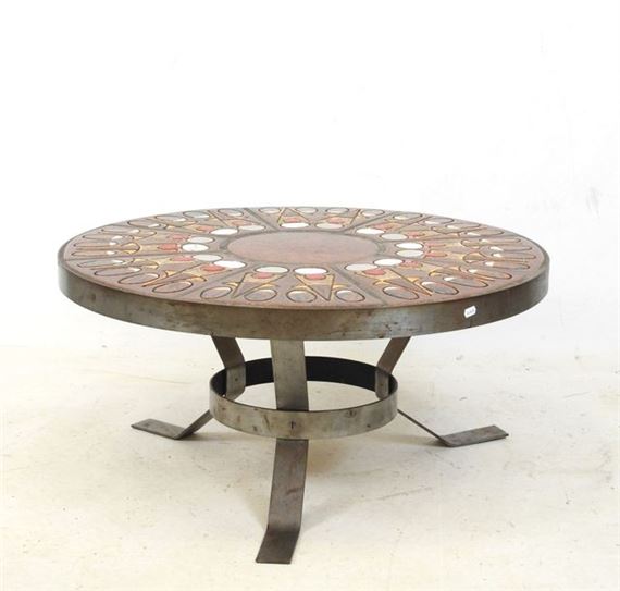 Raymond Corroyez | Round coffee table with steel legs and ceramic tile ...