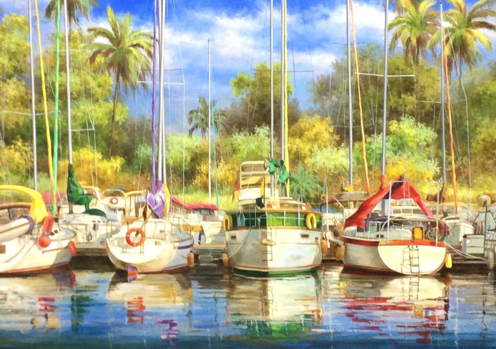 Paul Wren | Original Paul Wren Colorful Marina I Painting 72 x 36 ...