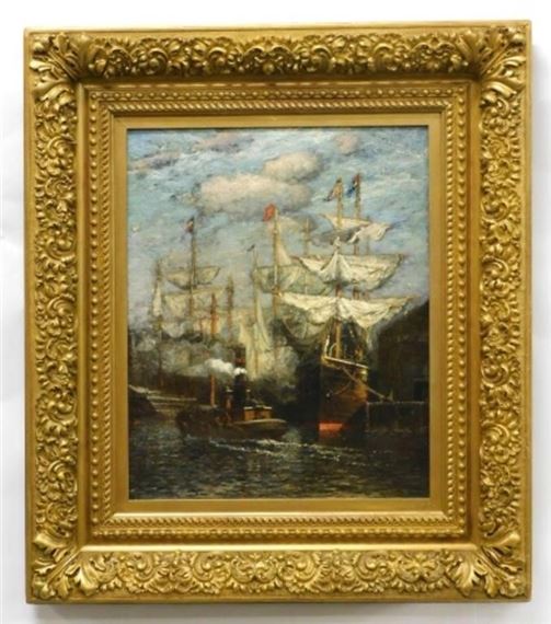 James Gale Tyler | Oil painting on canvas depicting ships in dock at ...