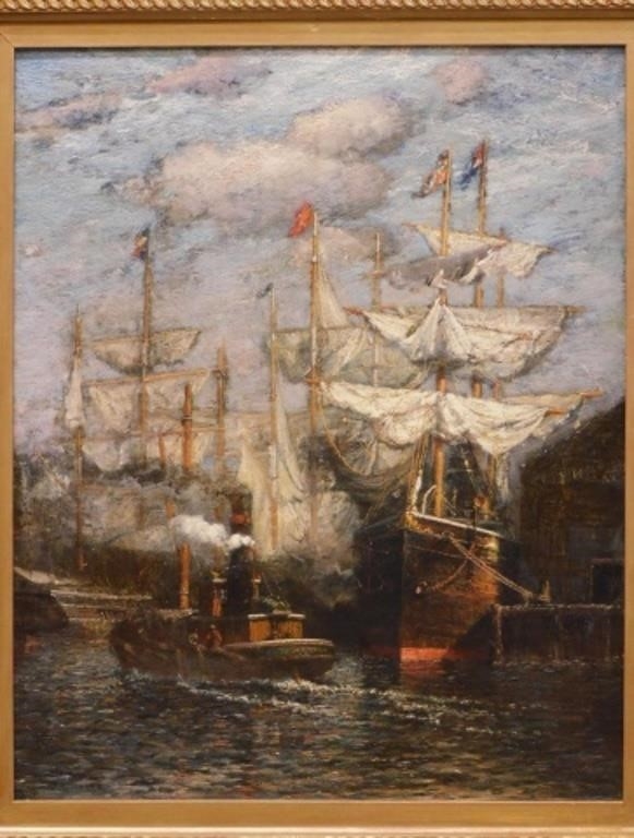 James Gale Tyler | Oil painting on canvas depicting ships in dock at ...
