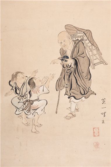 Hanabusa Itchō | A SCROLL PAINTING OF A MONK AND CHILDREN, AFTER ...