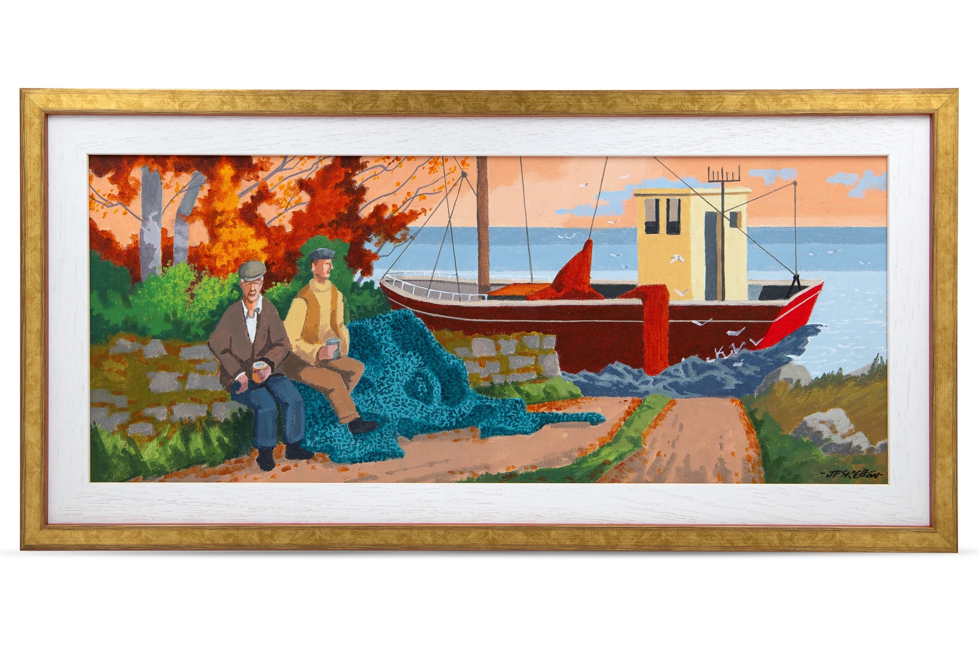 John Francis Skelton | Untitled - fishing boat with figures on the quay ...