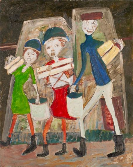 Jon Serl | Colorful scene of three figures carrying packages and cans ...