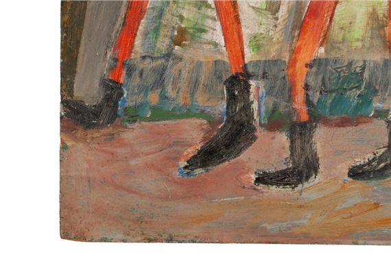 Jon Serl | Colorful scene of three figures carrying packages and cans ...