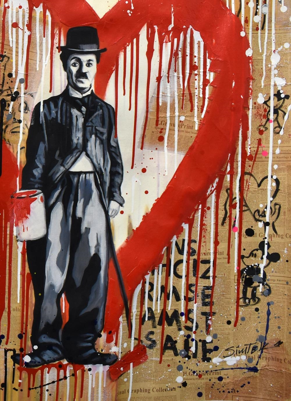 Sintek | Sintek Pop Art Painting Mixed Media Charlie Chaplin Heart 40 x ...