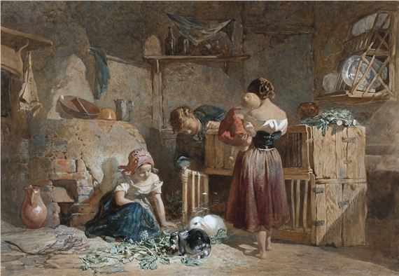 Walter Goodall | Feeding the rabbits (1861) | MutualArt
