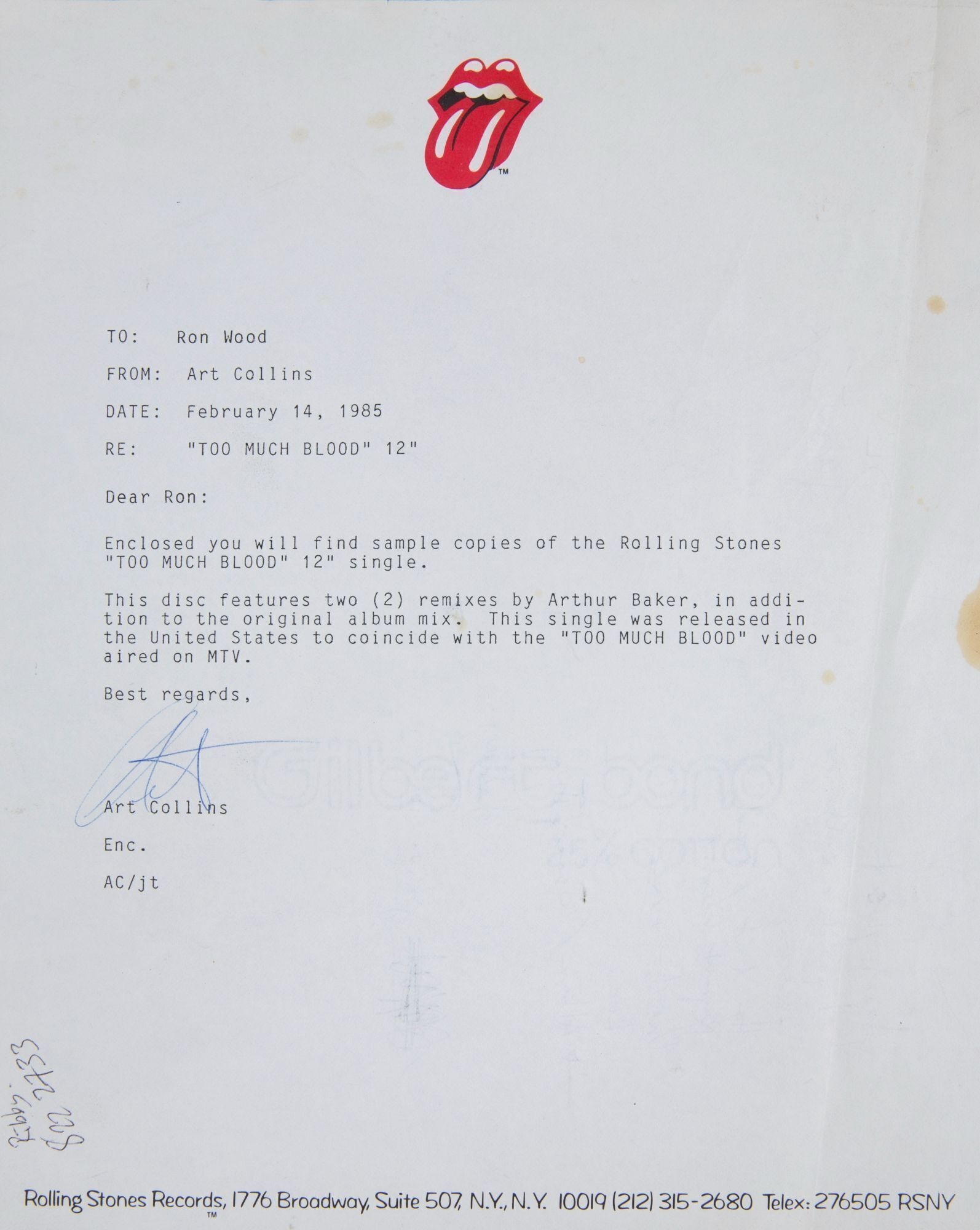 Ronnie Wood | Ronnie Wood | Art Collins Typed Rolling Stones Letter (15 ...
