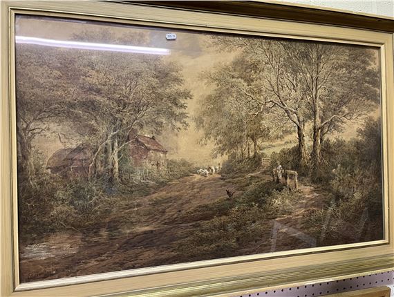 Edwin Taylor | Woodland path with sheep, cottages and figures mid ...