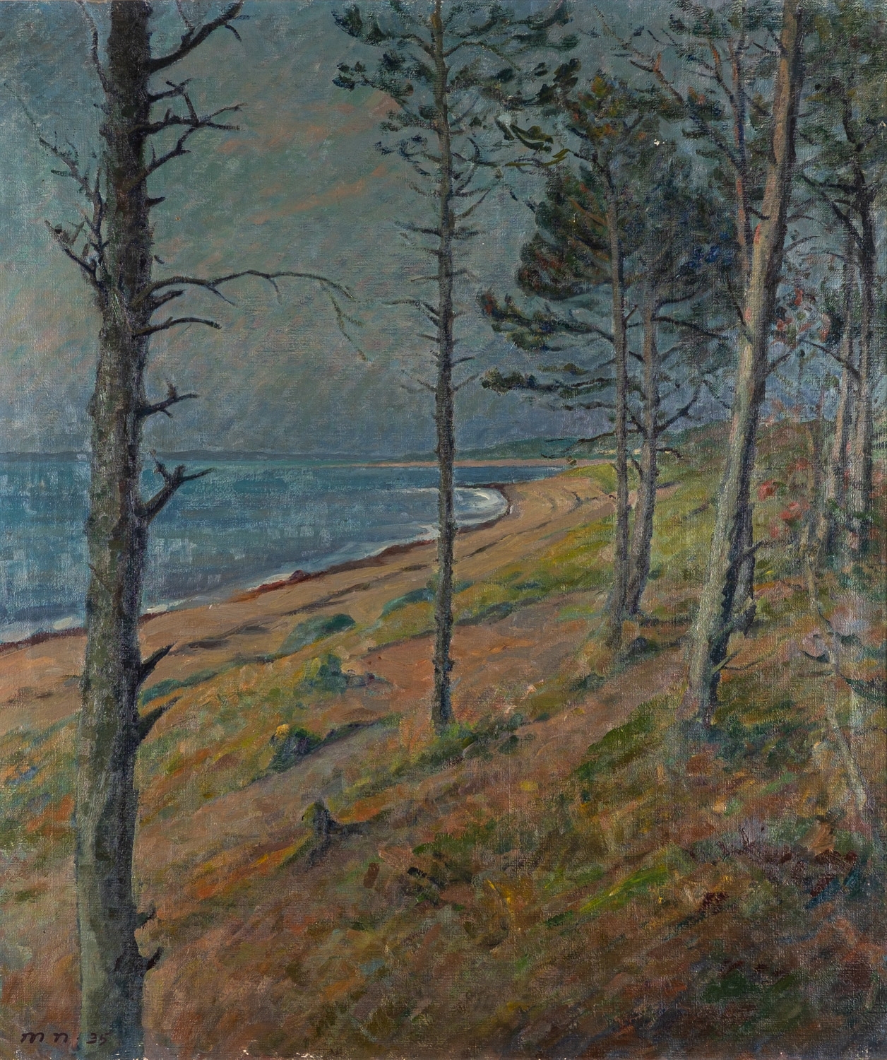 Max Nathan | Coastal landscape with pine trees in the foreground - Oil ...