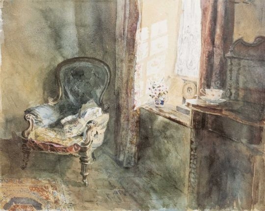 Keith Andrew | cottage interior with antique chair (1990) | MutualArt