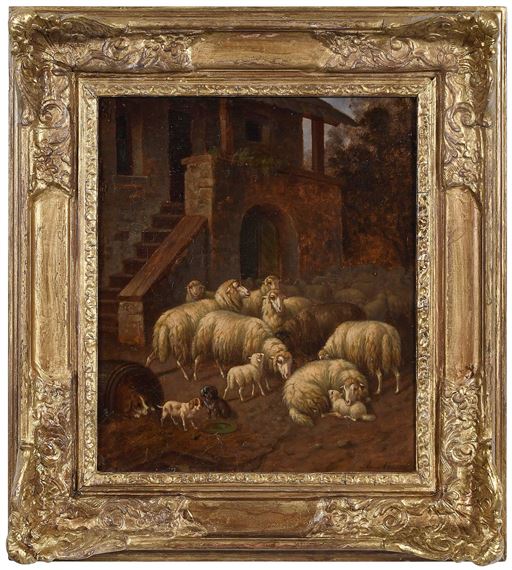 Adolf Nowey | Sheep and Dogs in a Farm Yard | MutualArt
