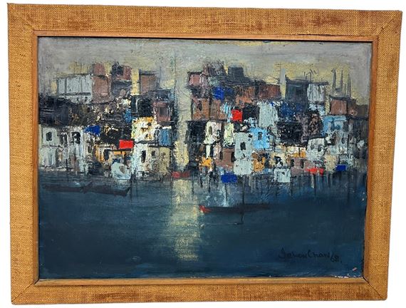 Jehan Chan | : AN OIL PAINTING ON CANVAS DEPICTING DWELLINGS BY A RIVER ...