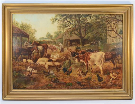 W.J. Crompton | a large farm yard scene with a multitude of animals ...