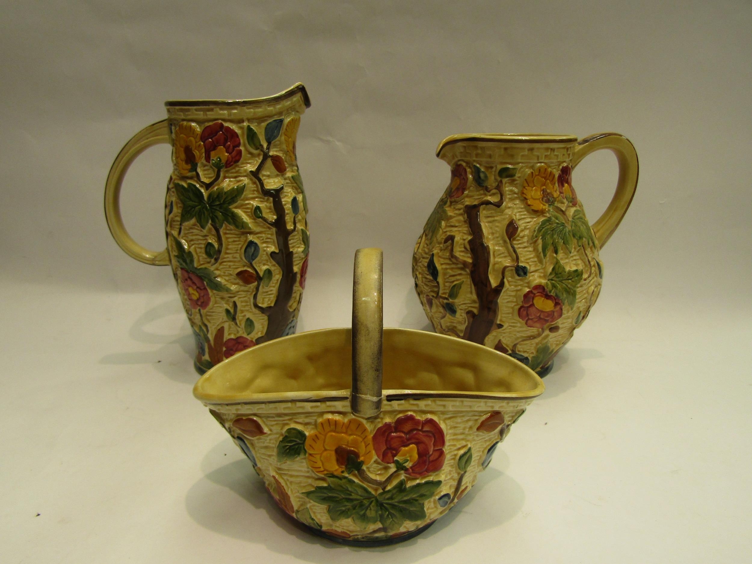 H. J. Wood | Three pieces of HJ Indian Tree: two jugs and basket a/f ...