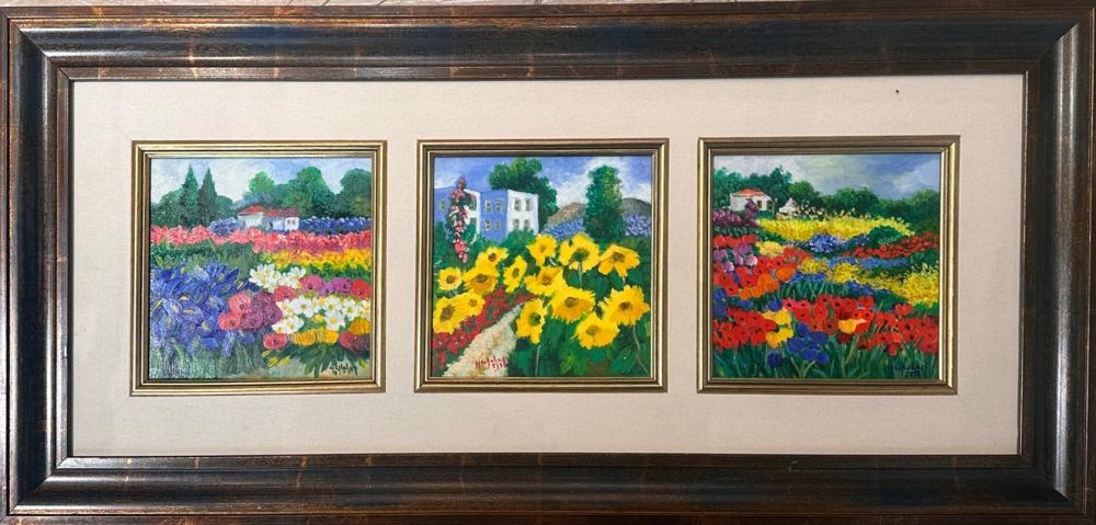 Heddy Kun | Flowers in landscape - triptych oil on canvas | MutualArt