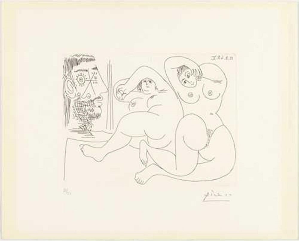 Pablo Picasso | Pablo Picasso - Deux Grosses Femmes Nues et en Voyeur (1968) | MutualArt