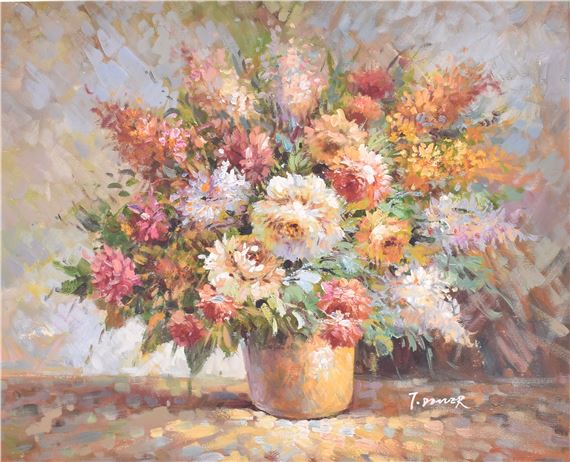 T. Denver | MID CENTURY OIL ON CANVAS STILL LIFE OF FLOWERS | MutualArt