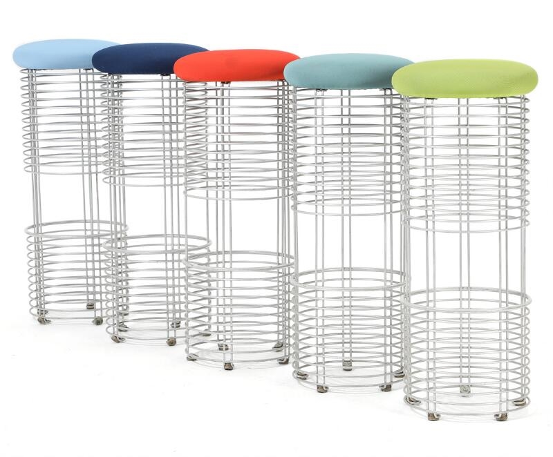 Verner Panton | Five bar stools with cylindrical wire body, upholstered ...