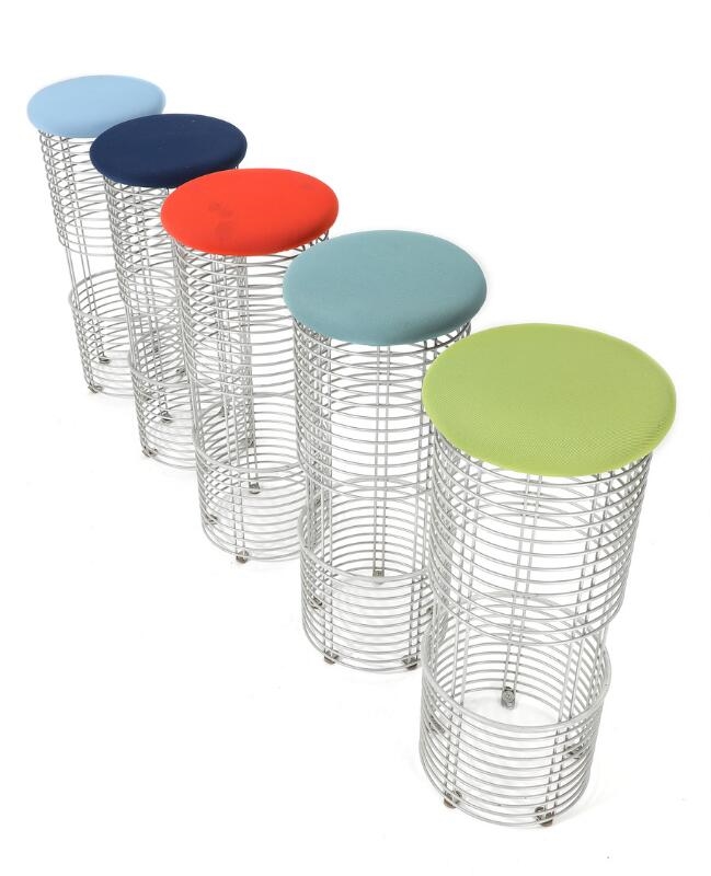 Verner Panton | Five bar stools with cylindrical wire body, upholstered ...