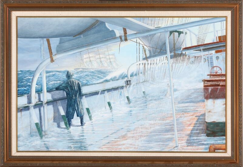 Torsten Kruse | A sailor on the deck of a ship in rough weather | MutualArt