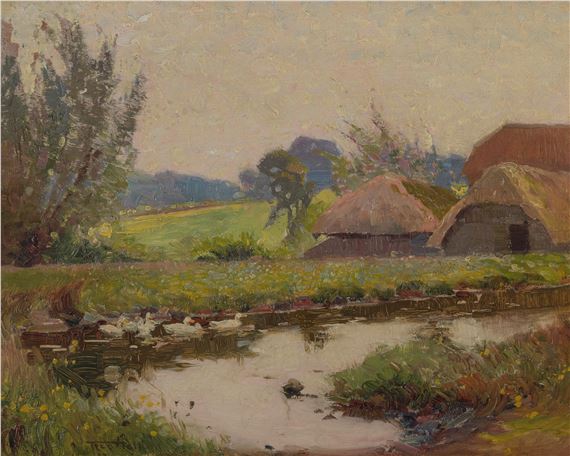 Frederick Hall | Duck pond before a barn | MutualArt