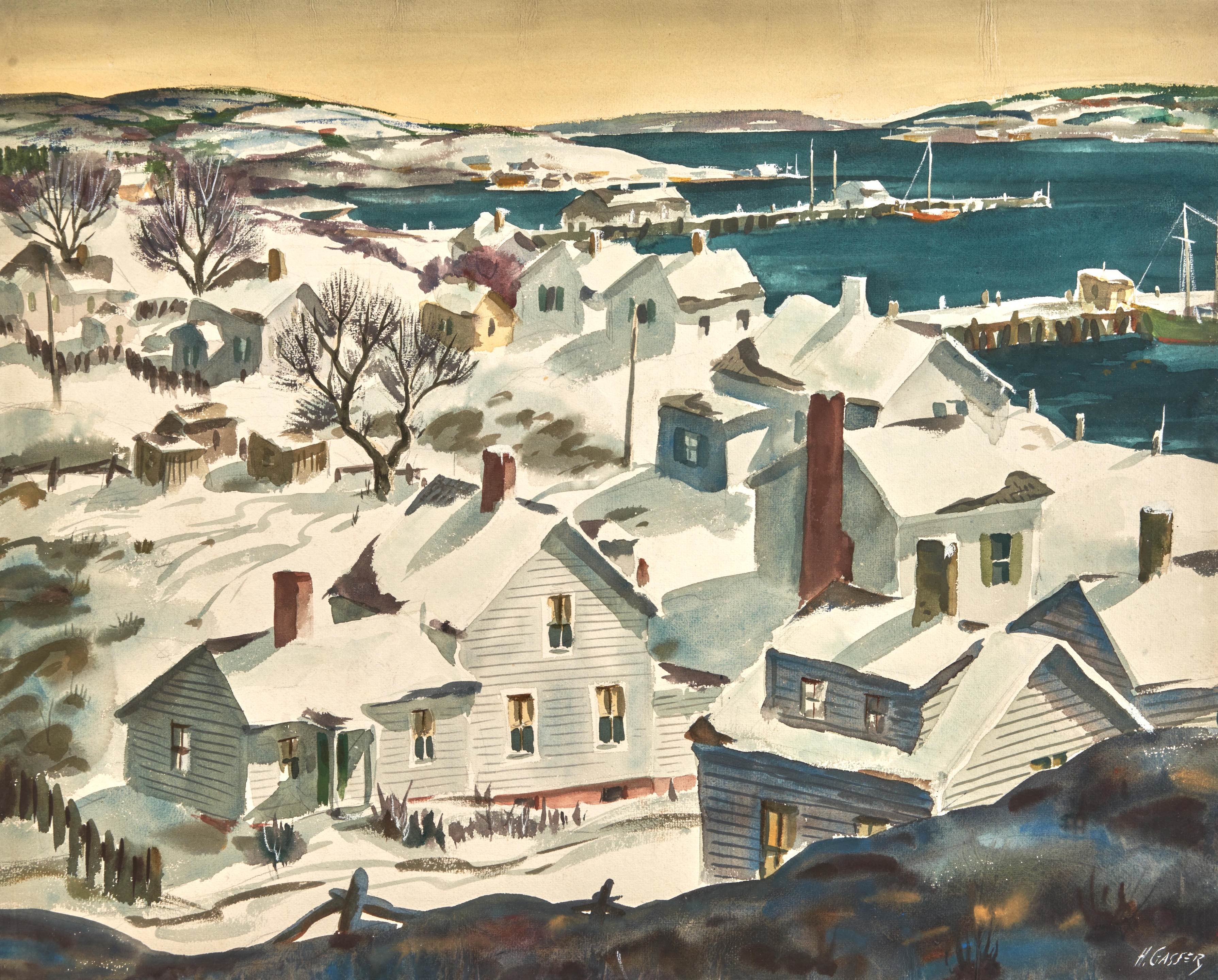 Henry Martin Gasser | A Harborside Village in Winter | MutualArt
