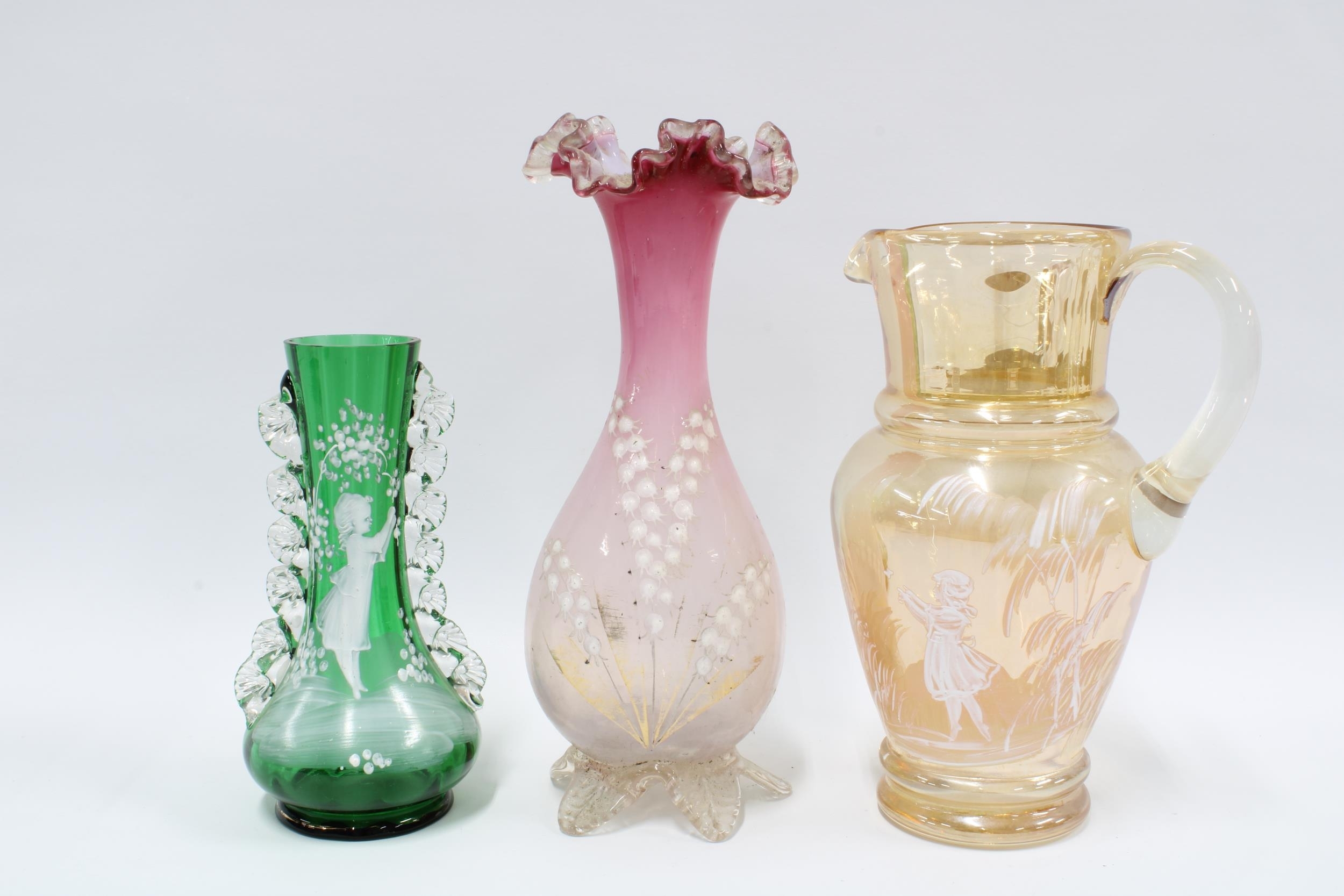 Mary Gregory | Two Mary Gregory coloured glass jugs and a Victorian ...