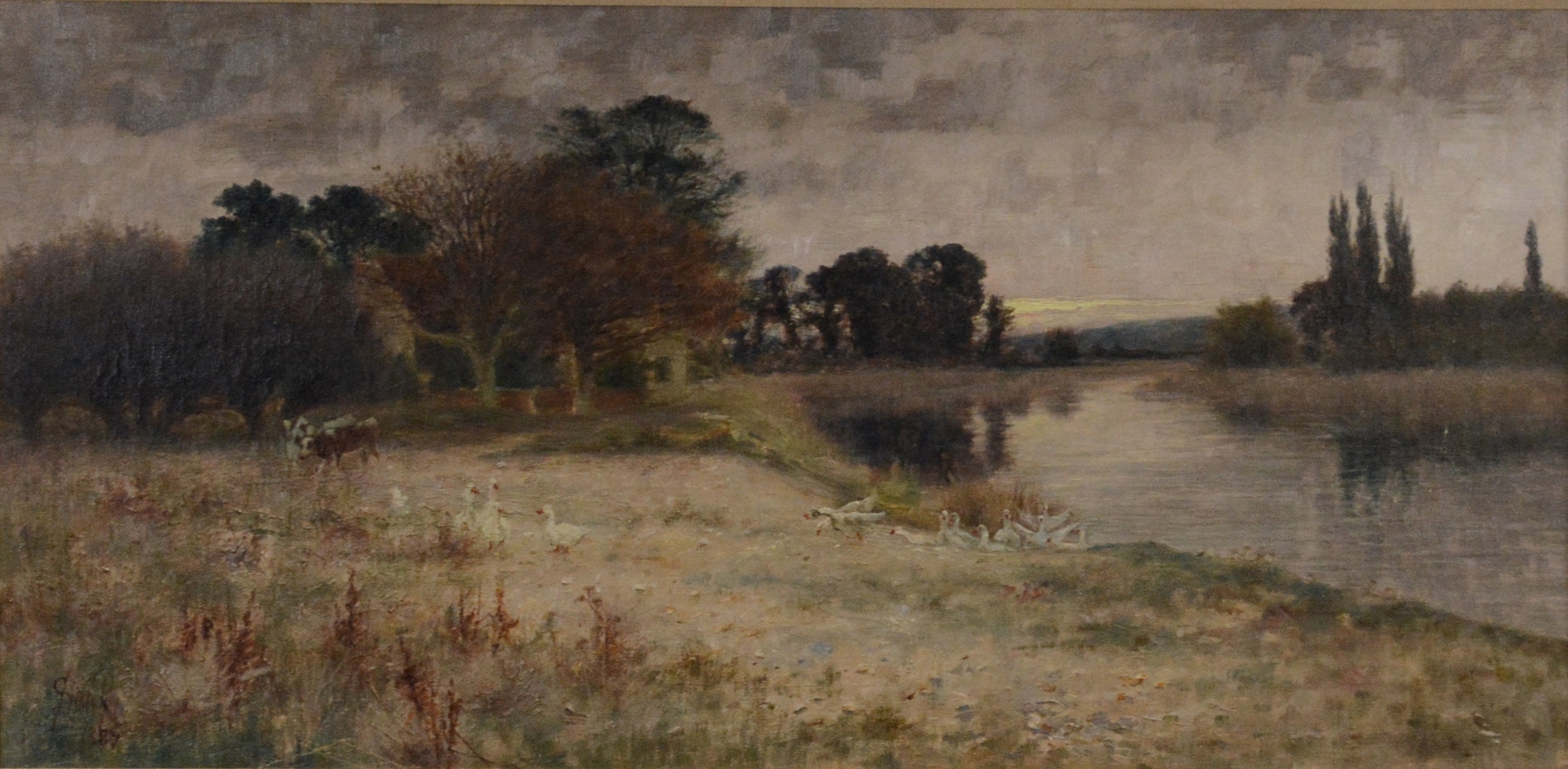 Sidney Pike | Geese and cattle by a riverbank (1887) | MutualArt