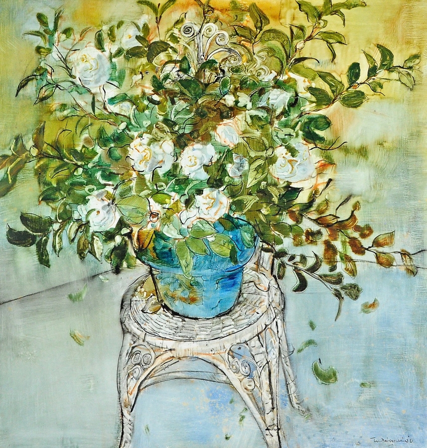 William Boissevain | Still Life â White Camellias in Blue Pot | MutualArt