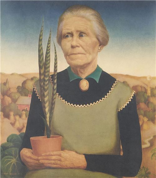 Grant Wood | Grant Wood Woman with Plants Geltone Print | MutualArt